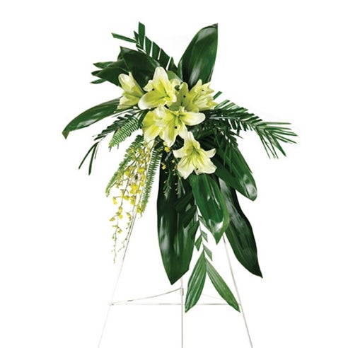 Yellow Stargazer Lilies, Orchids & Green Ti Leaves Standing Spray at ...