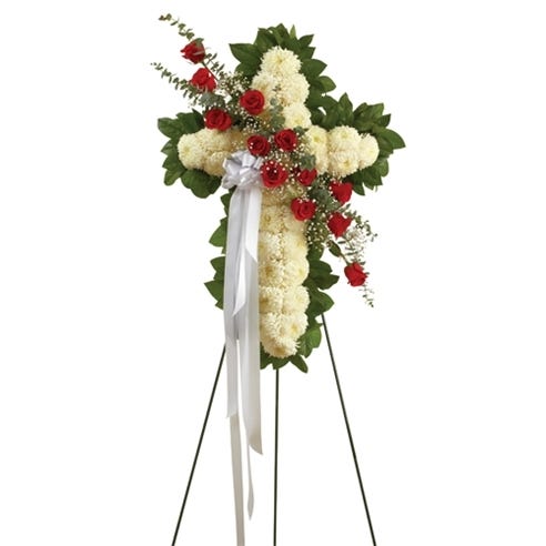 Red & White Standing Cross With Red Rose Break at Send Flowers