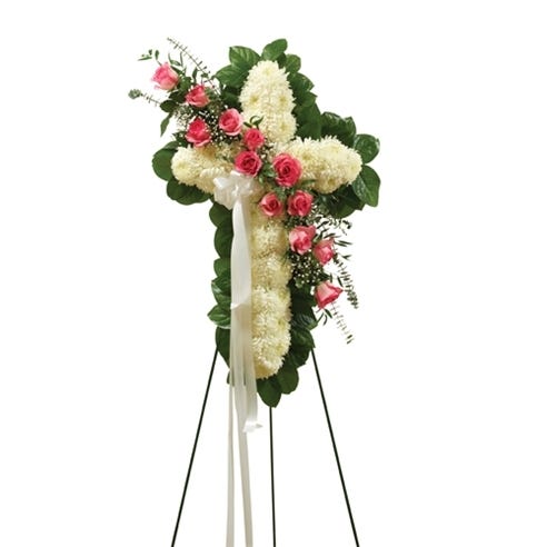 Pink & White Standing Cross With Pink Rose Break at Send Flowers