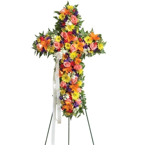 Multicolor Bright Mixed Flower Standing Cross at Send Flowers