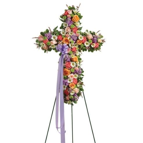 Multicolor Pastel Mixed Flower Standing Cross at Send Flowers