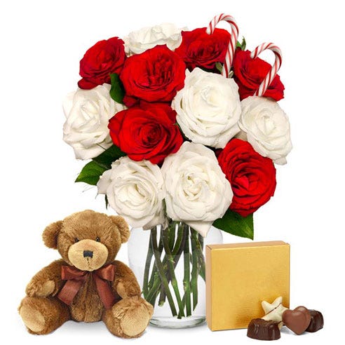 One Dozen Candy Cane Roses with Chocolates and Bear at Send Flowers