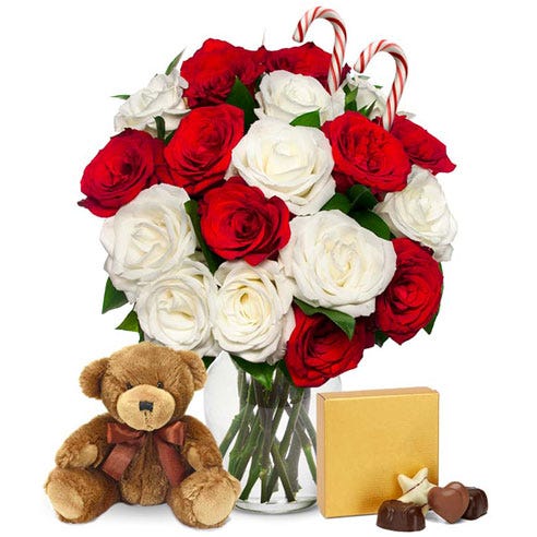 18 Candy Cane Roses with Chocolates and Bear at Send Flowers