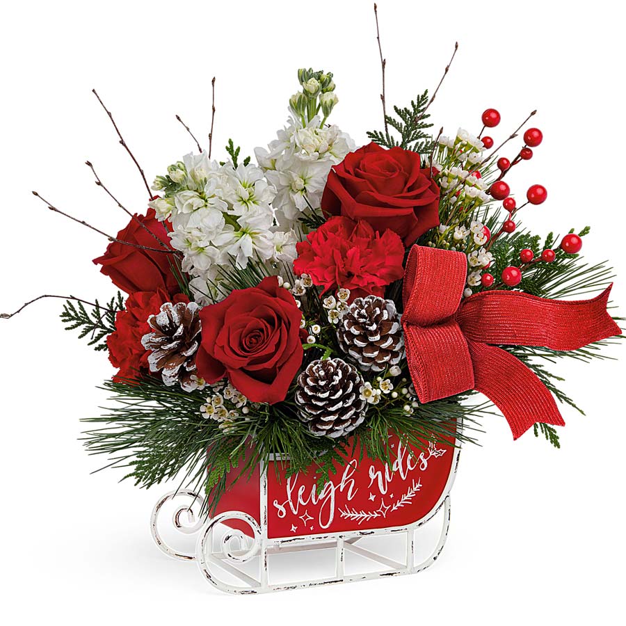 Snowy Sleigh Christmas Blooms Bouquet at Send Flowers