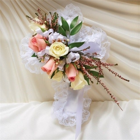 Pink & White Satin Cross Casket Pillow at Send Flowers